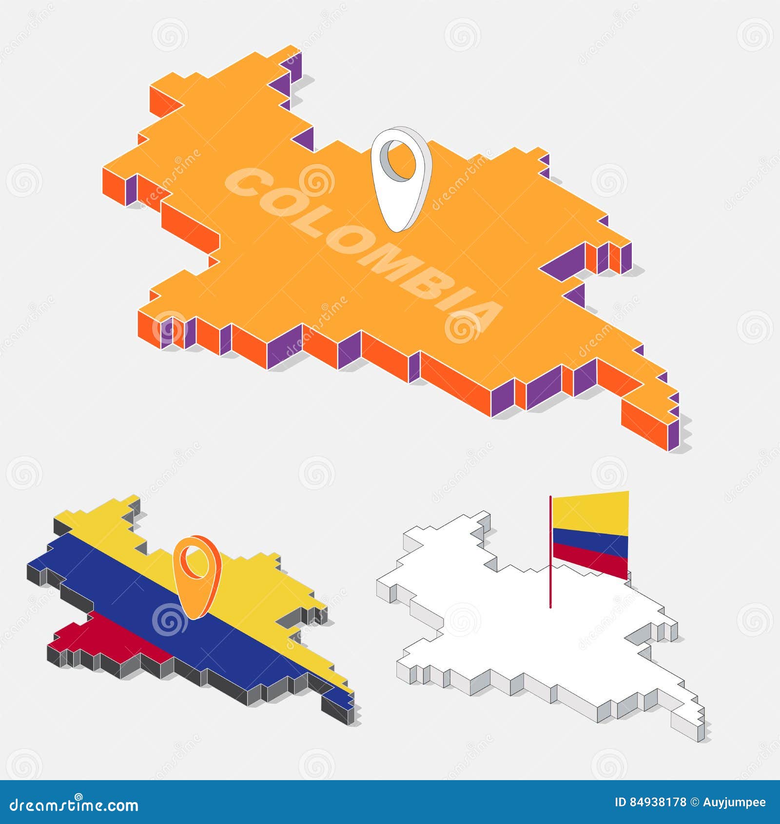 Colombia Flags on Map Element and 3D Isometric Shape Stock Vector ...