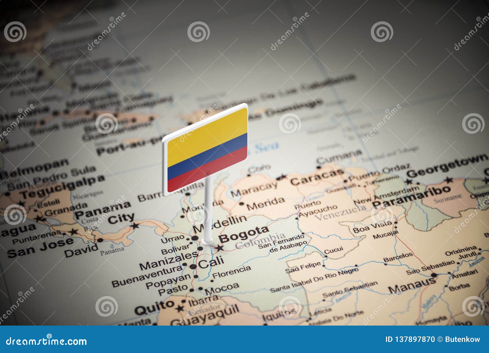 Colombia Marked with a Flag on the Map Stock Photo - Image of country ...