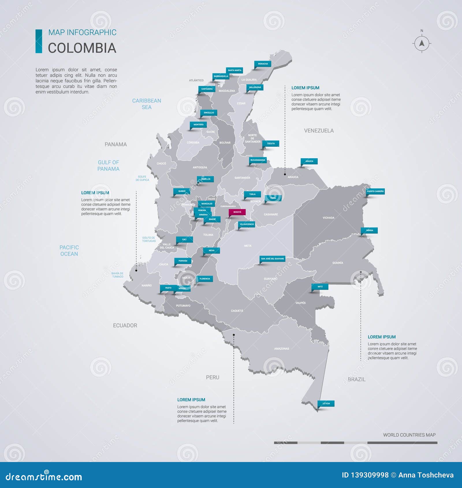 Colombia Vector Map With Infographic Elements Pointer Marks Stock