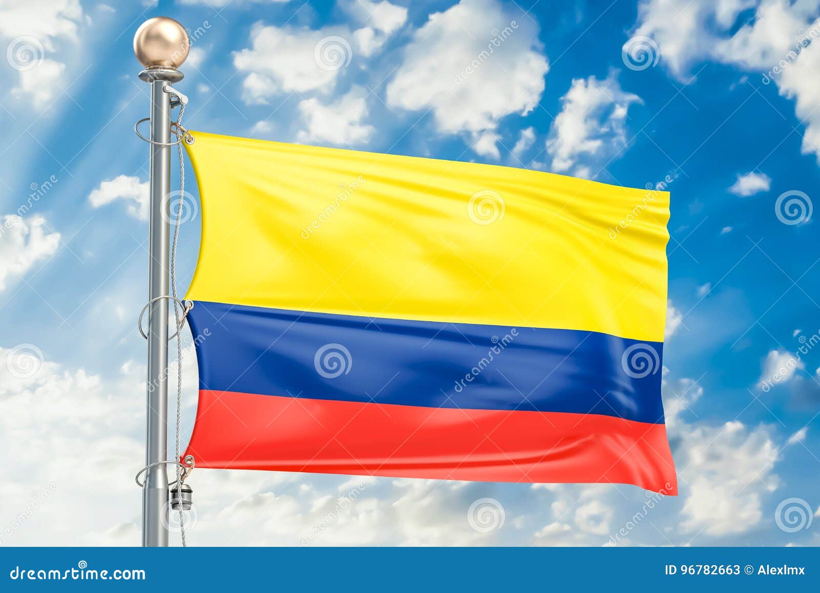 Colombian Flag Waving in Blue Cloudy Sky, 3D Rendering Stock ...