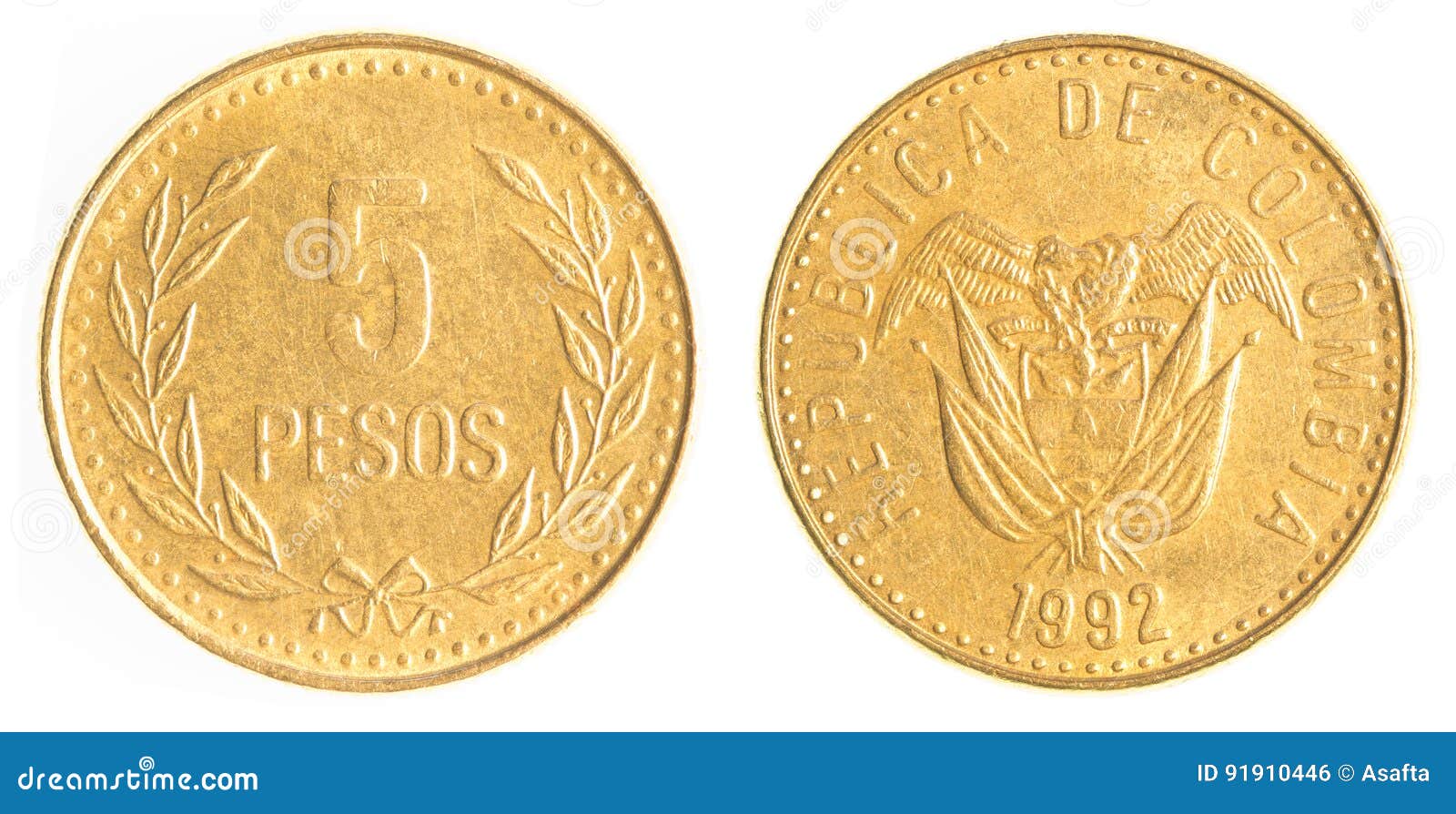 5 Colombian pesos coin stock photo. Image of icon, isolated - 91910446