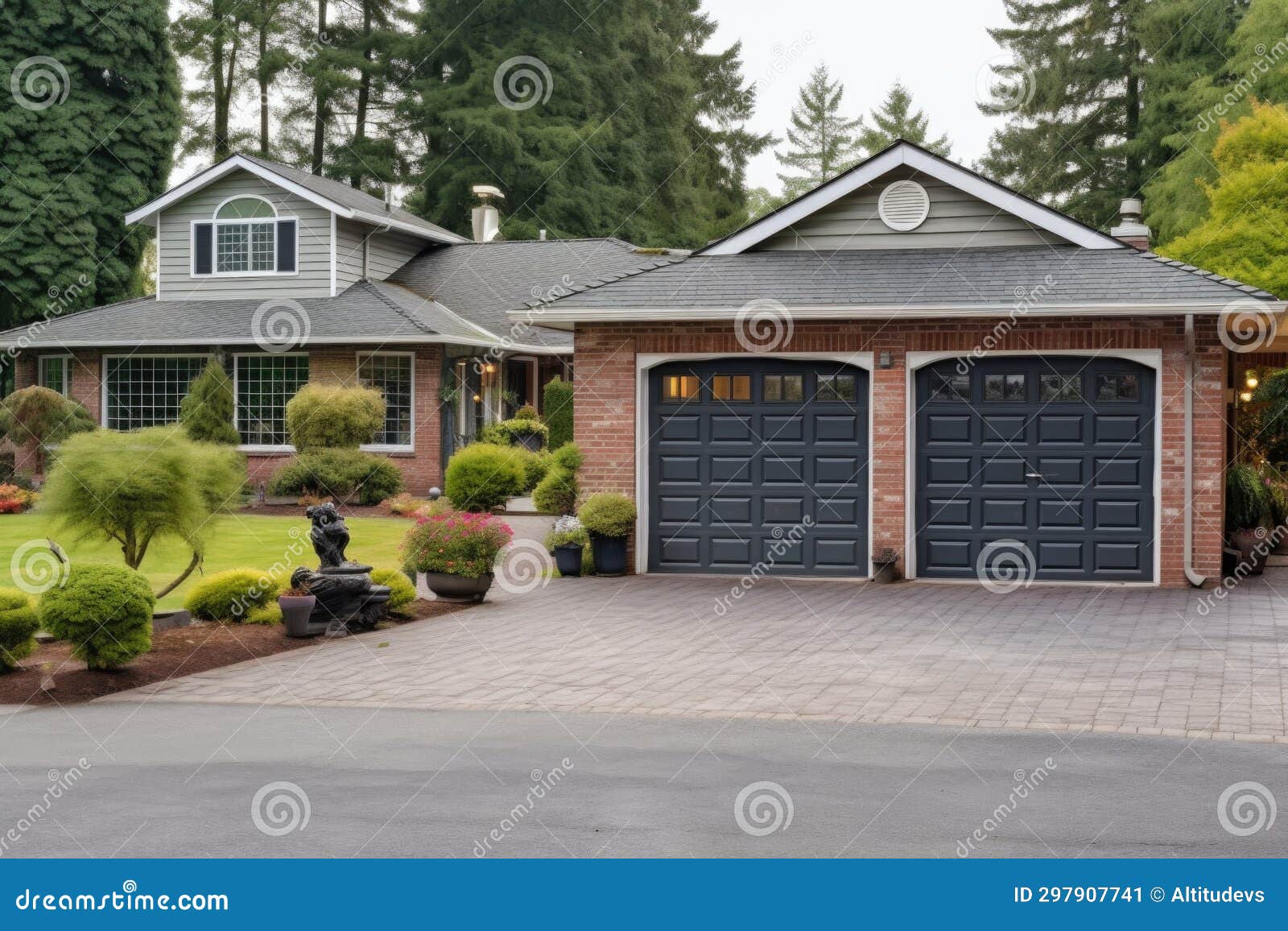Colonial Brick Facade with an Attached Garage on the Side Stock Image ...