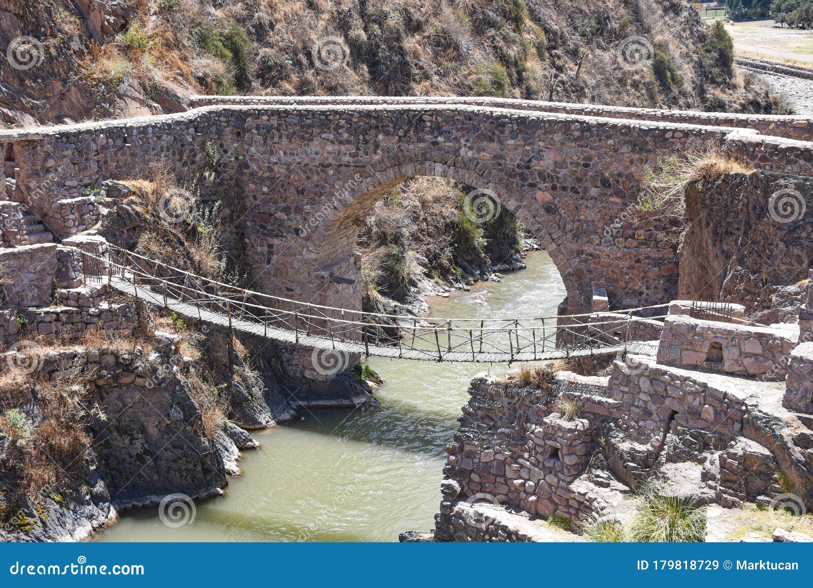 Colonial Bridges Spanning the River in Checacupe, Cusco, Peru Stock ...