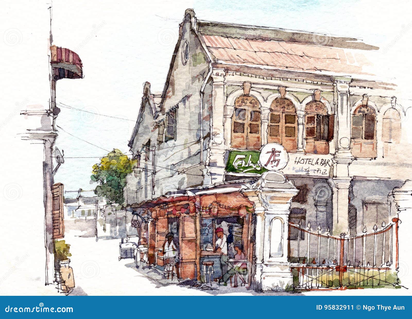 Colonial Building Watercolor Illustration Stock Illustration ...