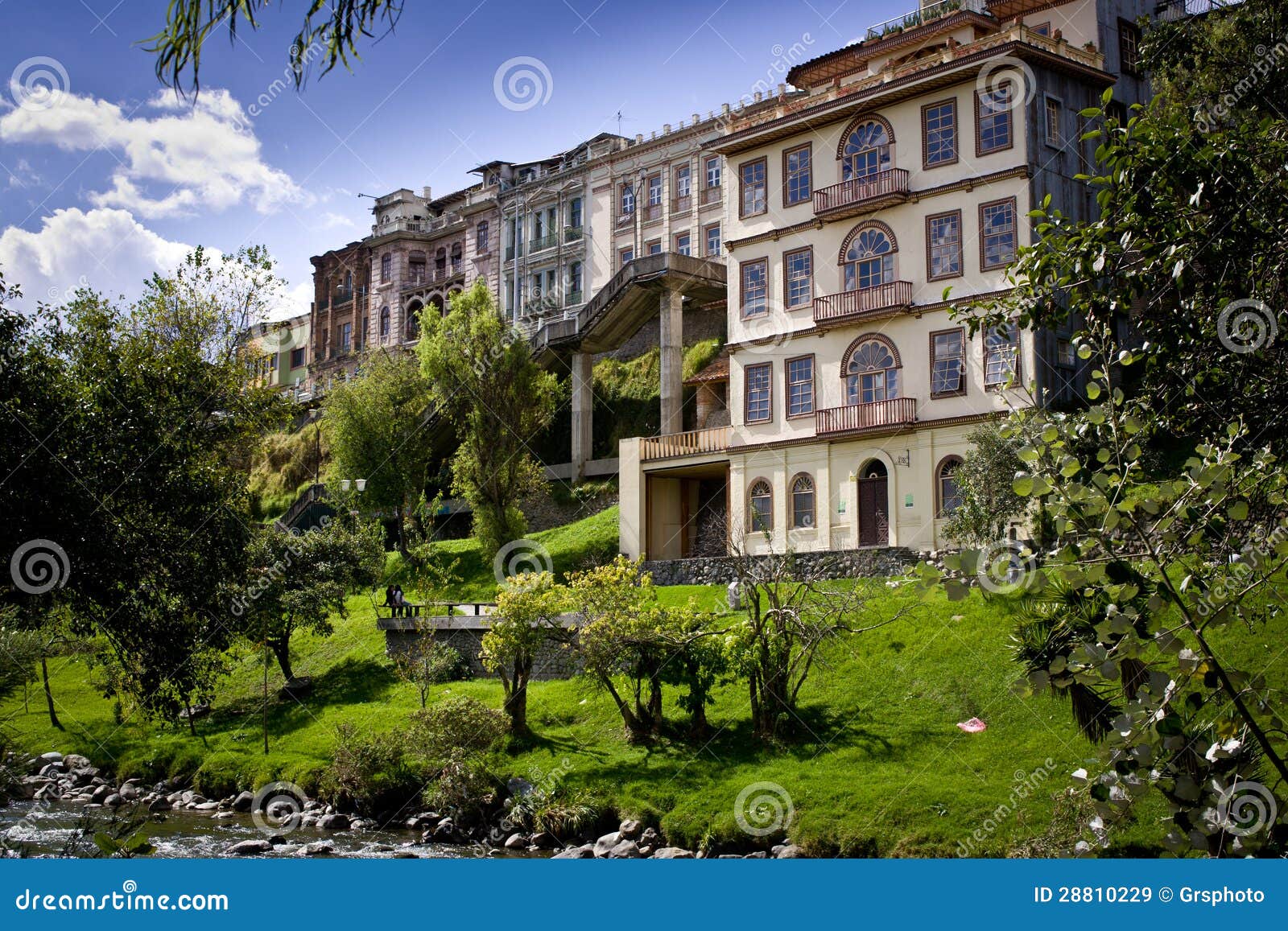 Colonial Bulding Overlooking River Stock Image - Image of blue, ecuador ...