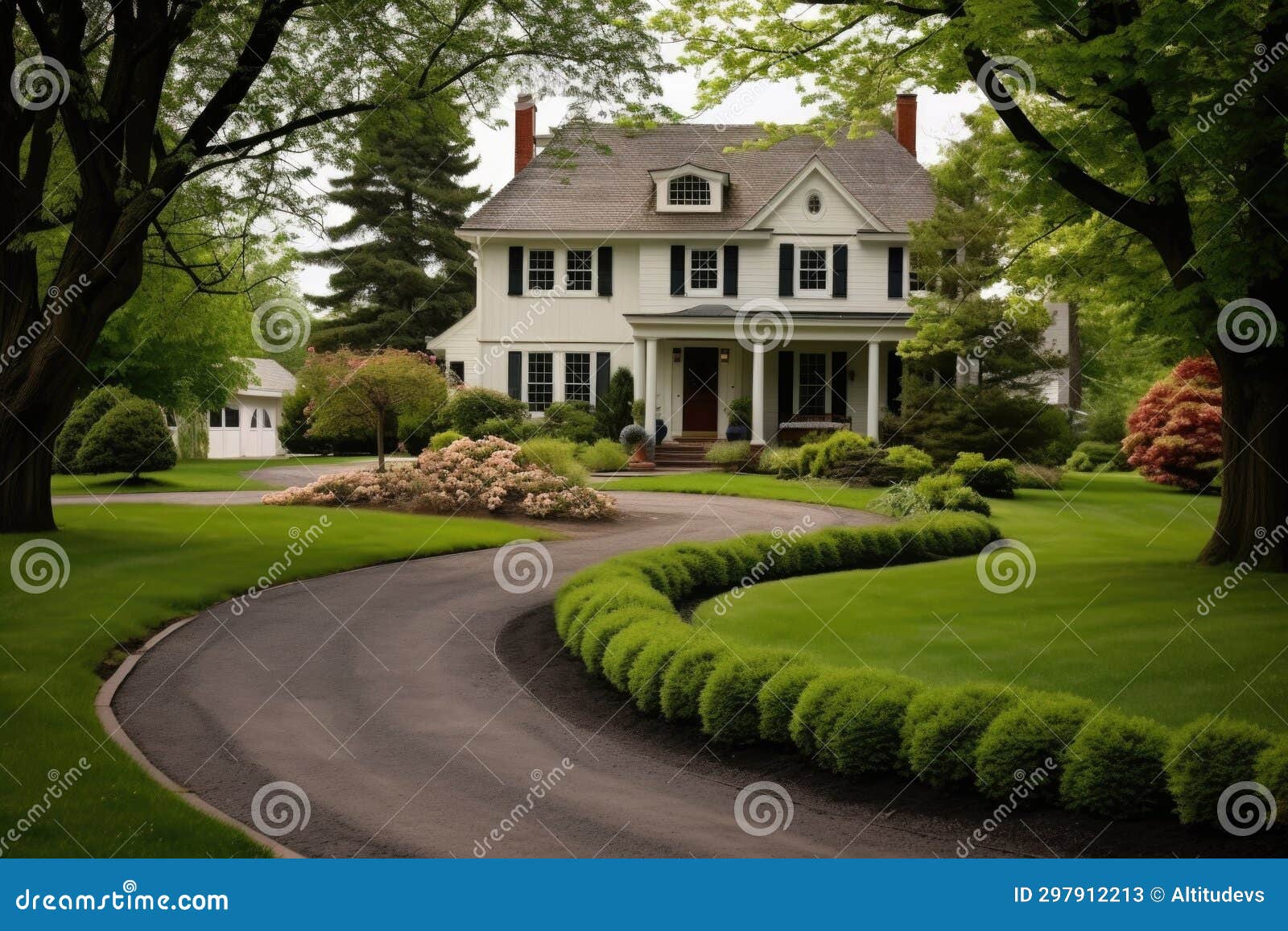 Colonial House with Curved Driveway, Small Shrubs in Front Stock Image ...