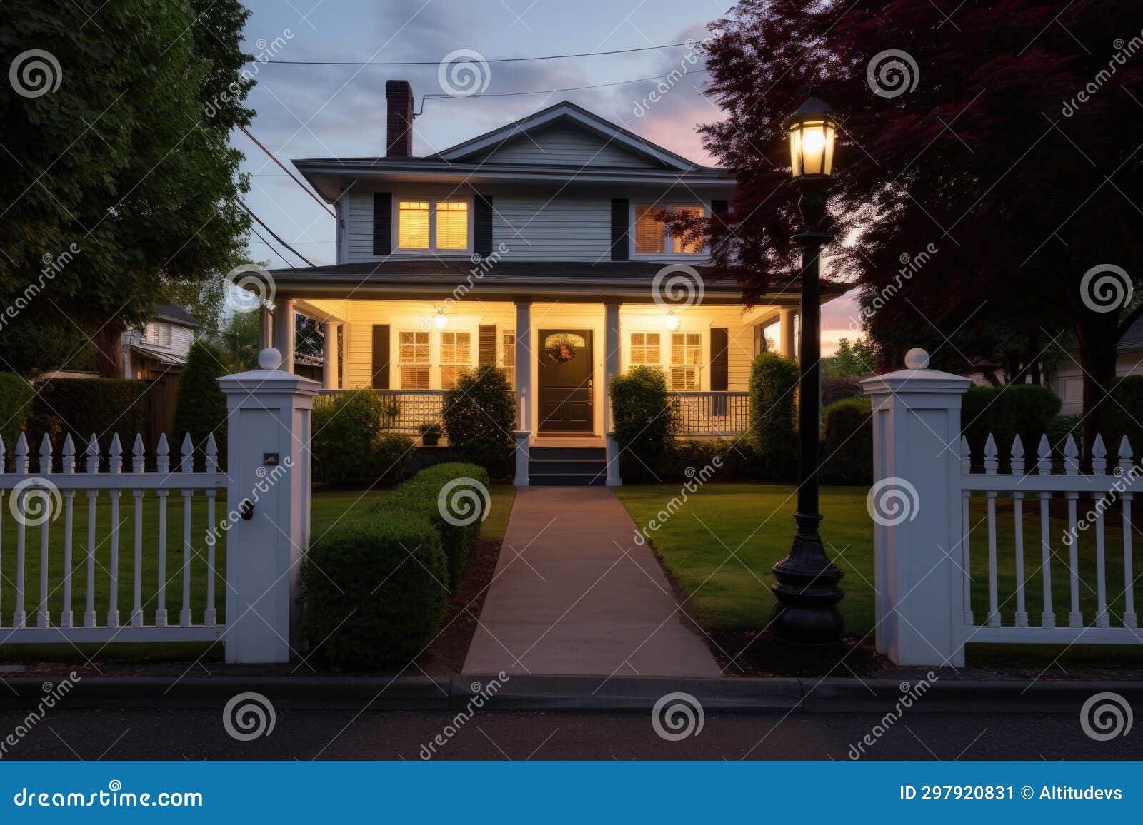 Colonial House with Lamp Posts at Front Gate Stock Image - Image of ...