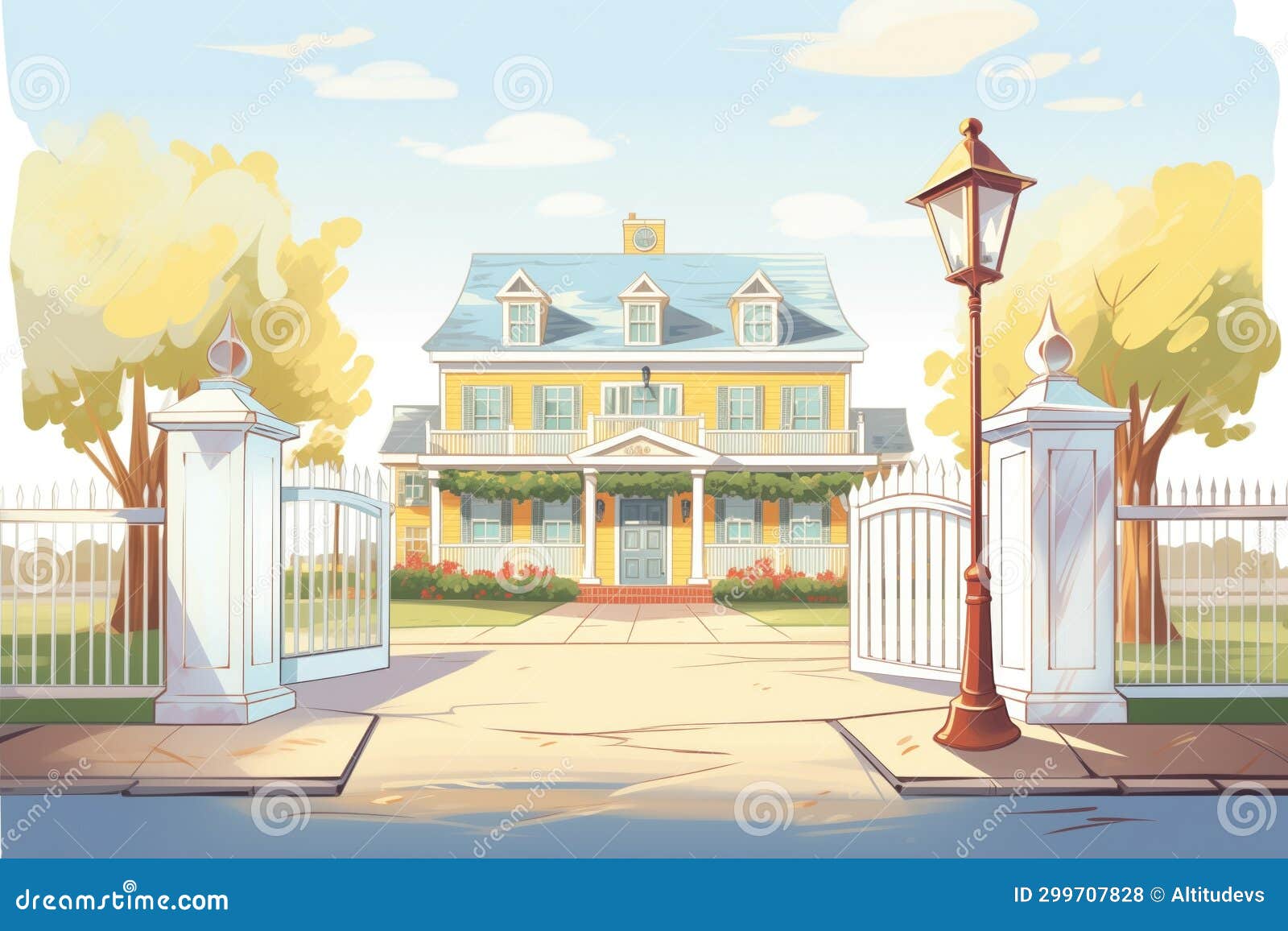 Colonial House with Lamp Posts at Front Gate, Magazine Style ...