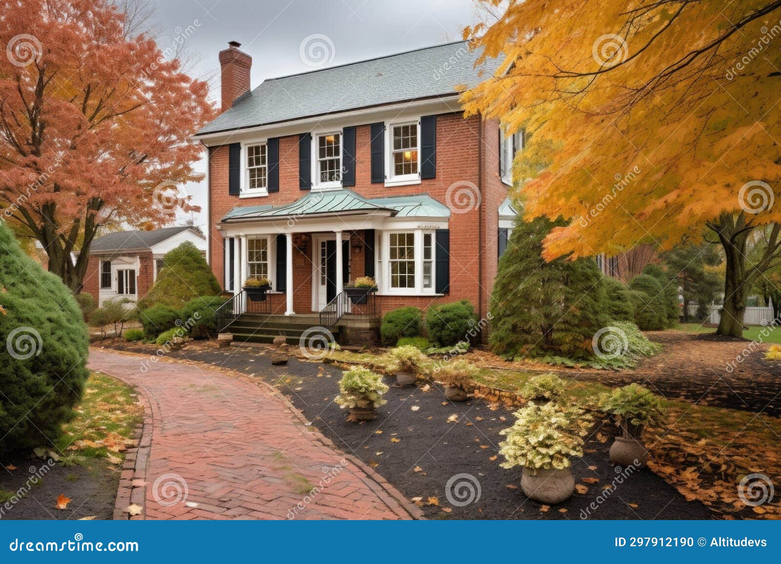 Colonial House Nestled in Fall Colors, with Brick Path Stock Photo ...