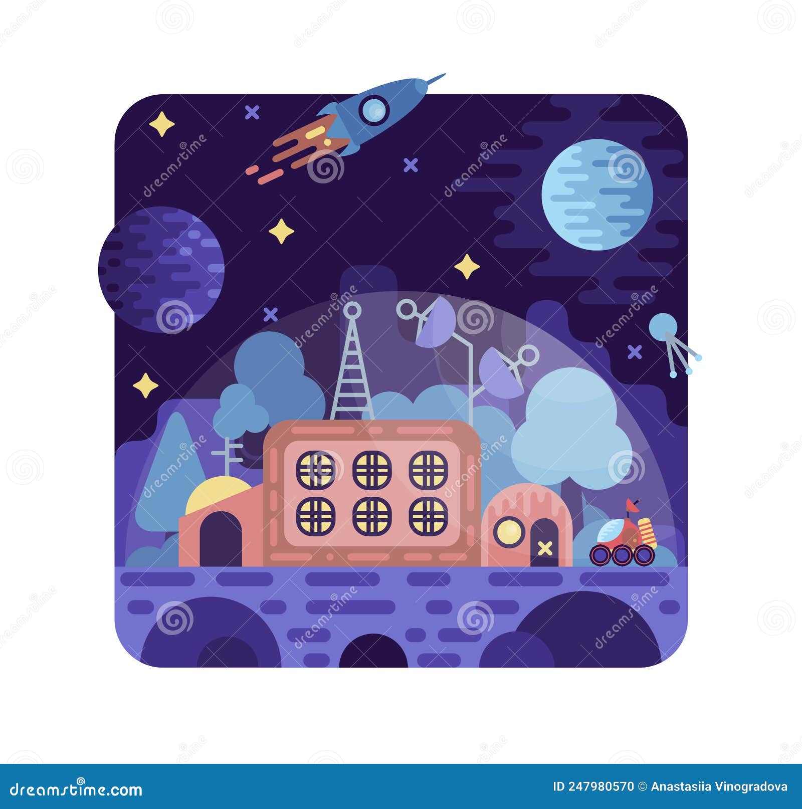 Colonization of Planet, Space Station with Trees Under a Dome - Vector ...