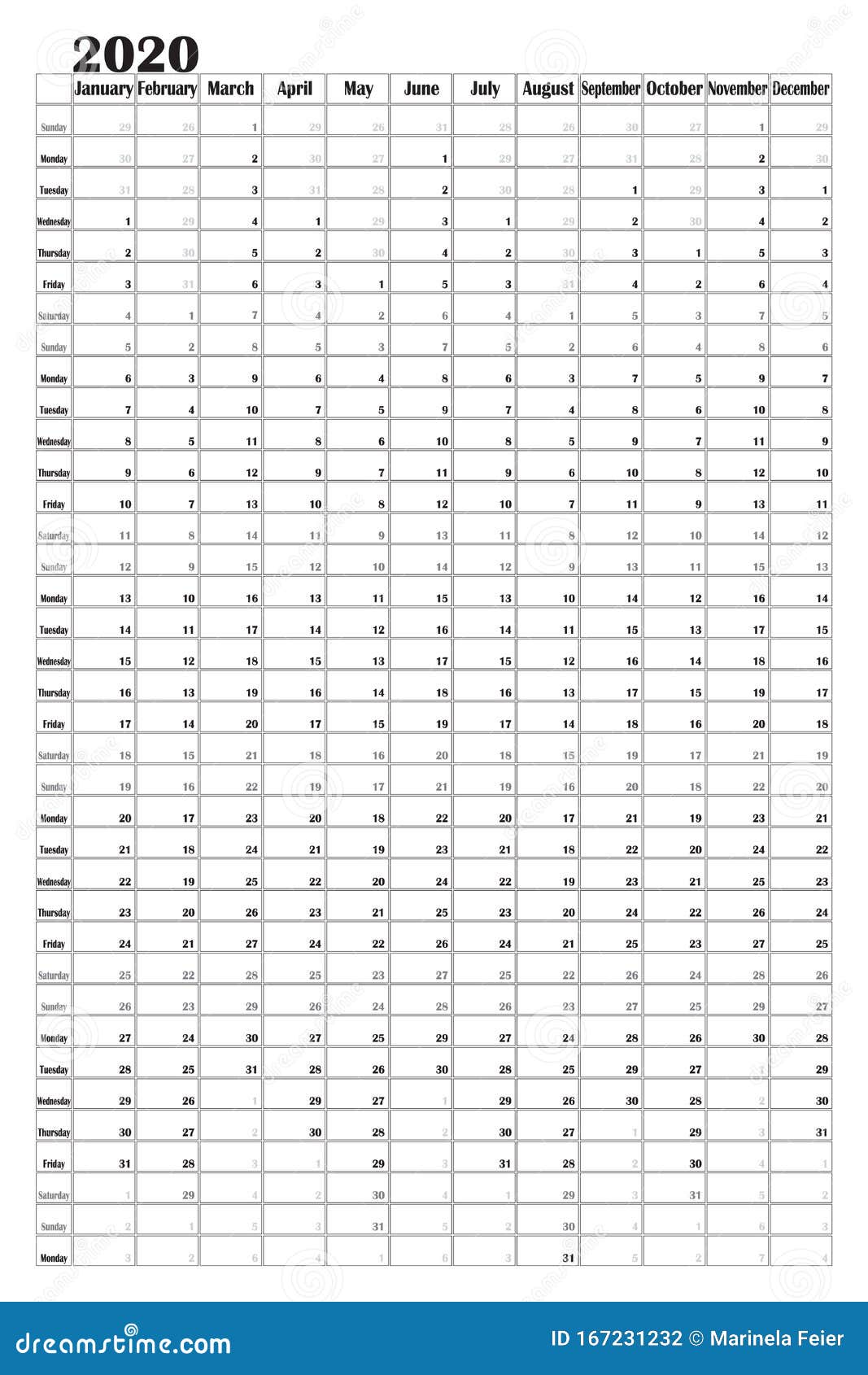 Colonna Mese Planner Muro 2020 BB Ritratto 2020 Illustrazione ...