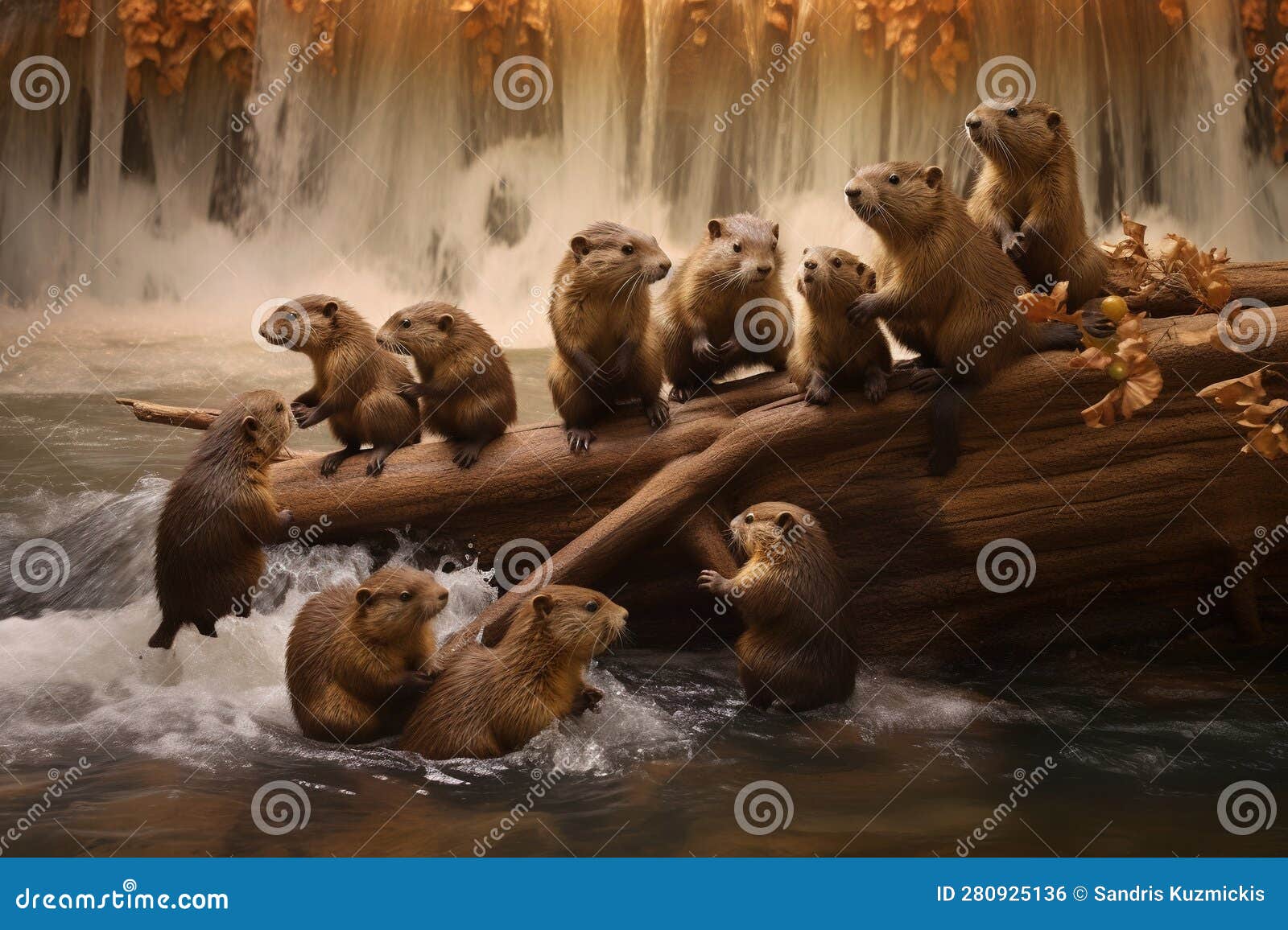 Beavers Building. Cartoon Beaver Team Build Dam On River From Wooden ...