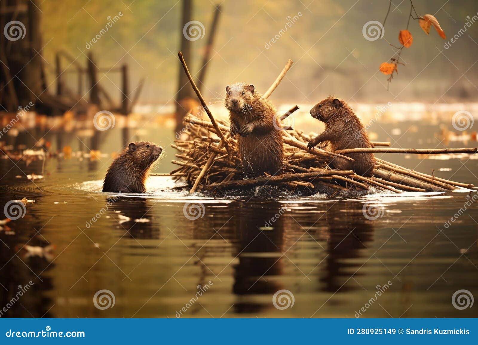 Beavers Building. Cartoon Beaver Team Build Dam On River From Wooden ...