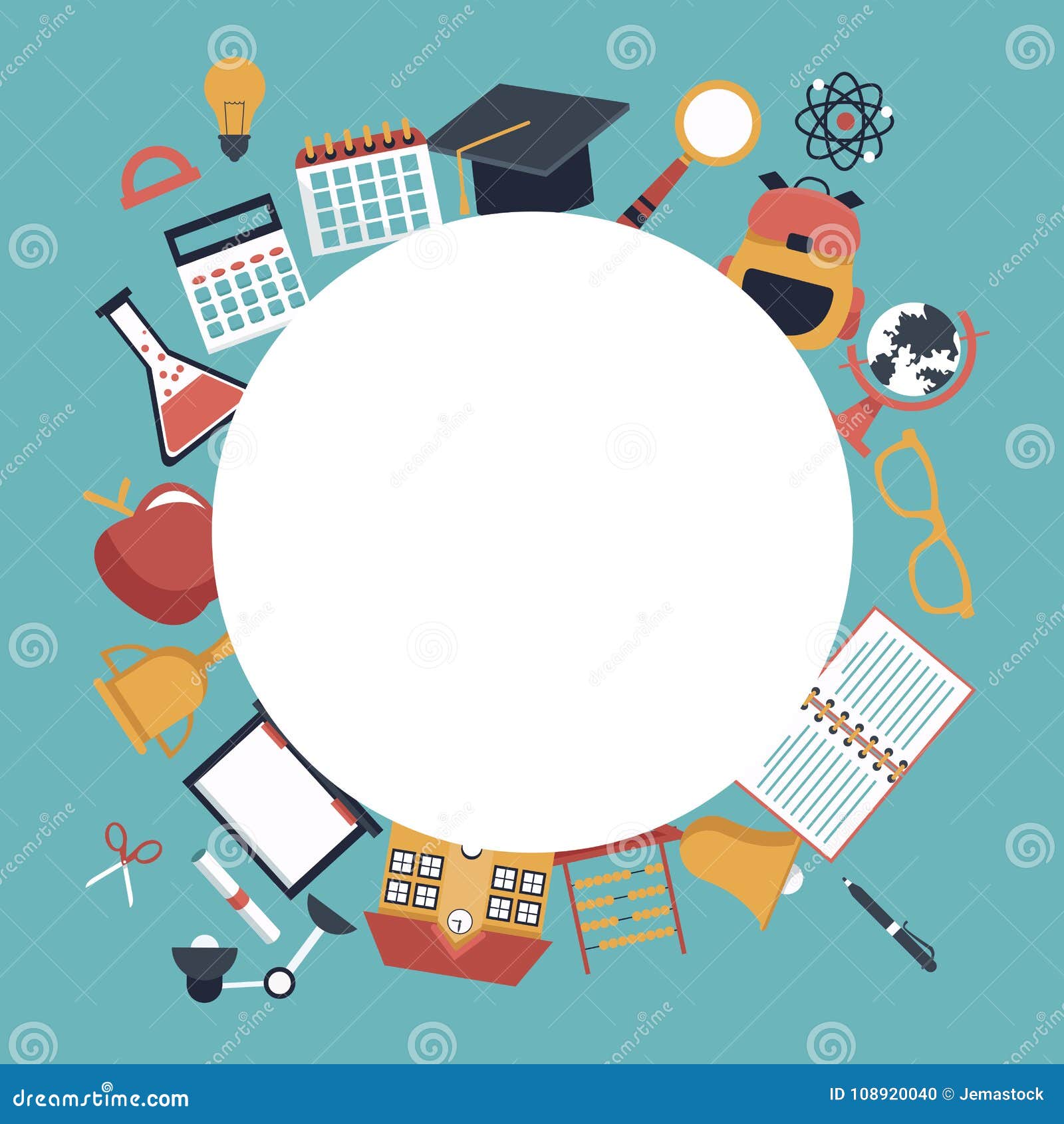 Color Background with Circular Frame Empty and Set School Elements ...
