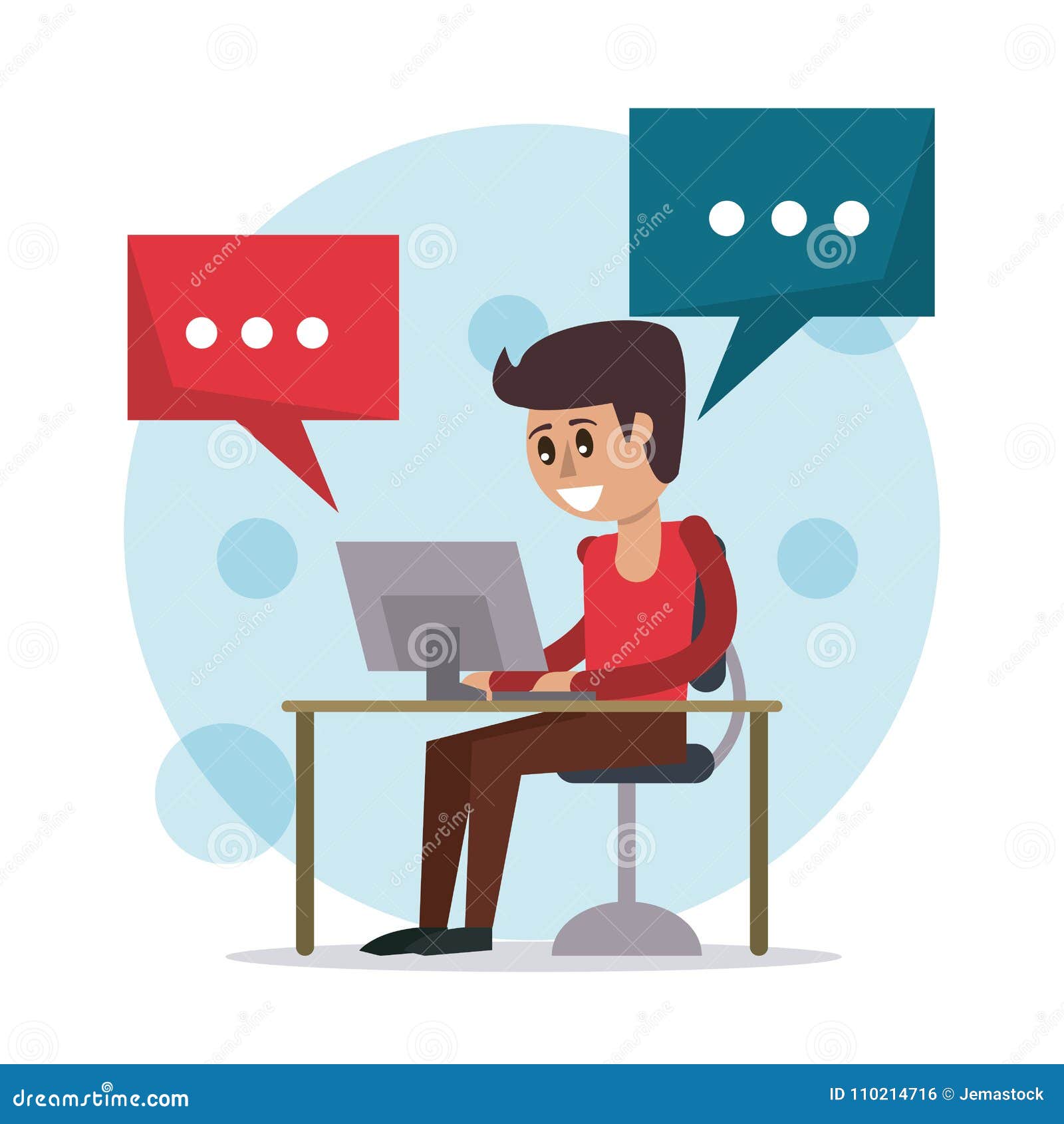 Color Background of Man in Desk with Desktop Computer and Chat ...