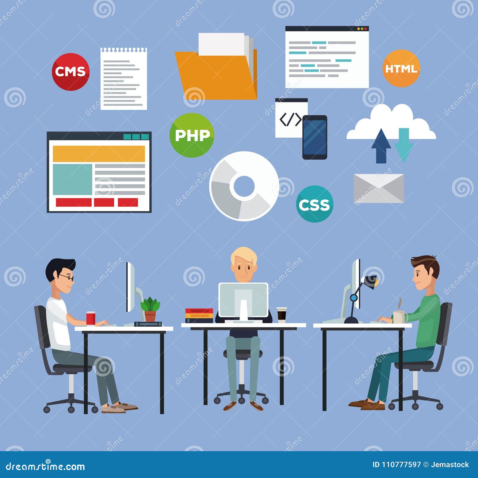 Color Background with Web Developer Group Men in Desk Programming ...