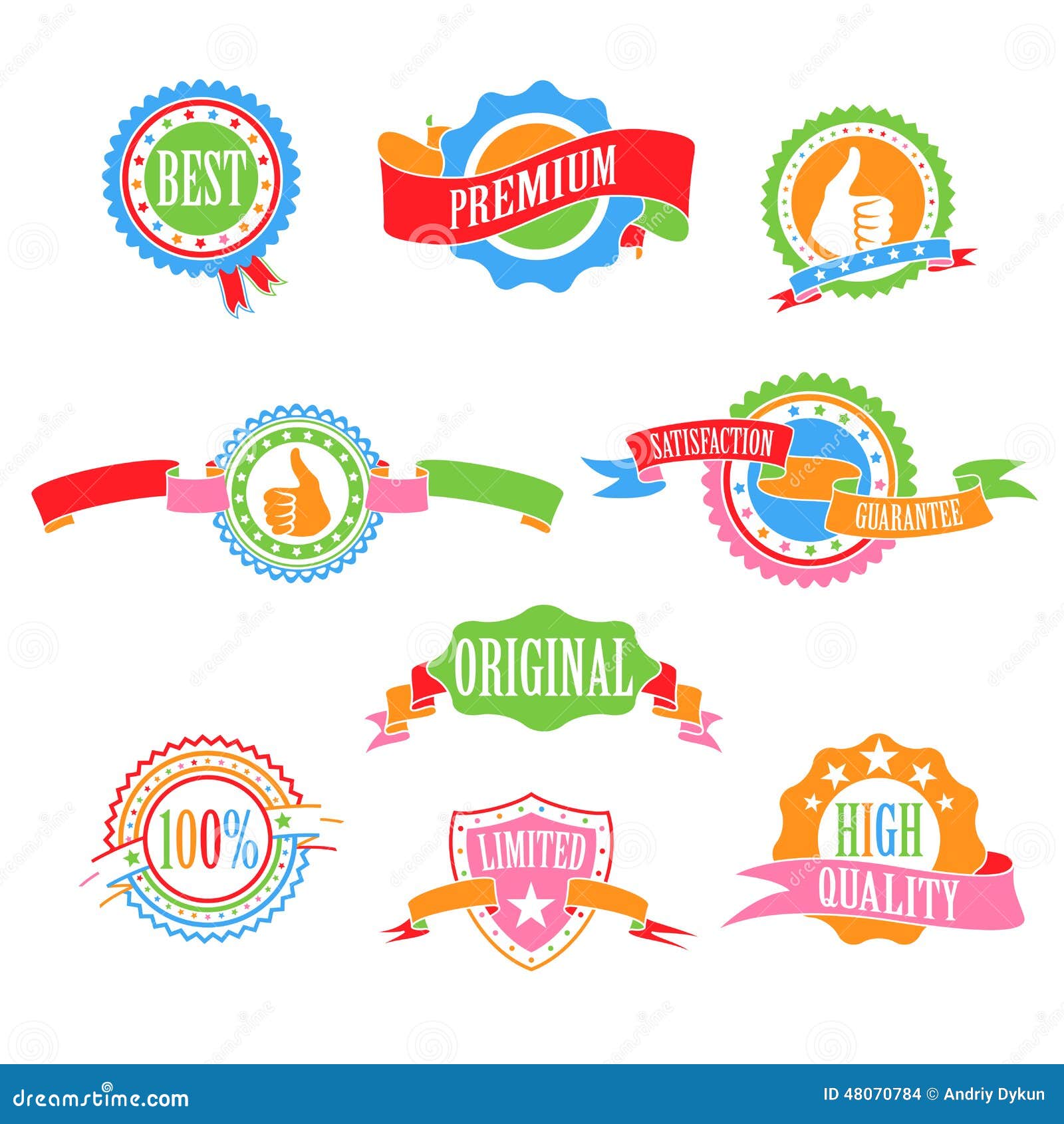 Color badges and ribbons stock vector. Illustration of award - 48070784