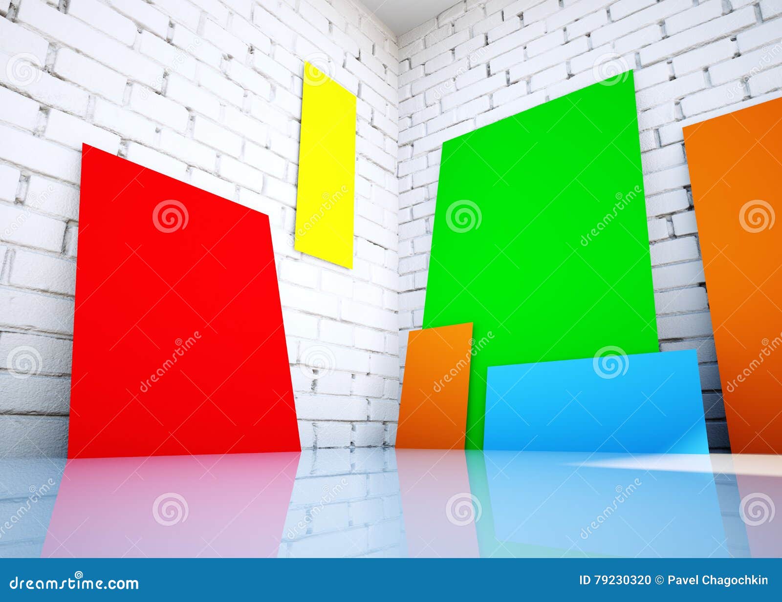 Color Blanks Paper on Brick Room. 3d Rendering Stock Illustration ...