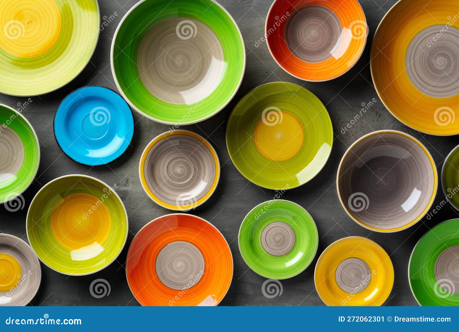 Color Ceramic Plates on Gray Background Top View Photo Stock Image ...