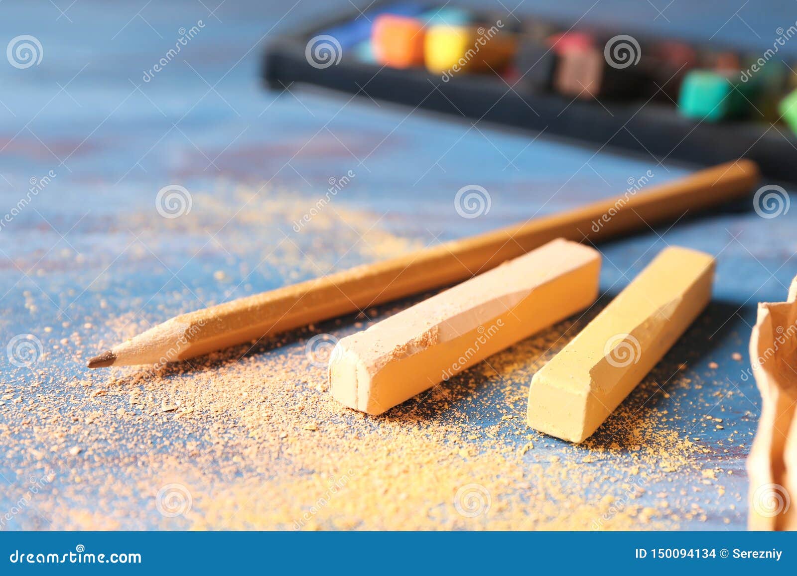 Color Chalks and Pencil of Professional Artist on Table Stock Photo ...
