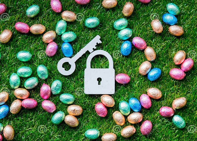 Color Chocolate Easter Eggs and Lock with Key Stock Photo - Image of ...