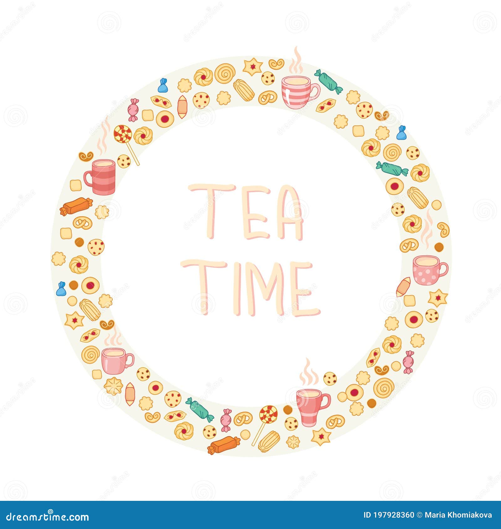 Color Circle Frame of Tea and Sweets Stock Illustration - Illustration ...