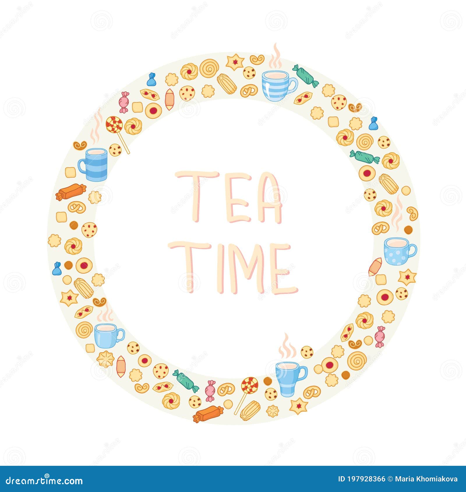 Color Circle Frame of Tea and Sweets Stock Illustration - Illustration ...