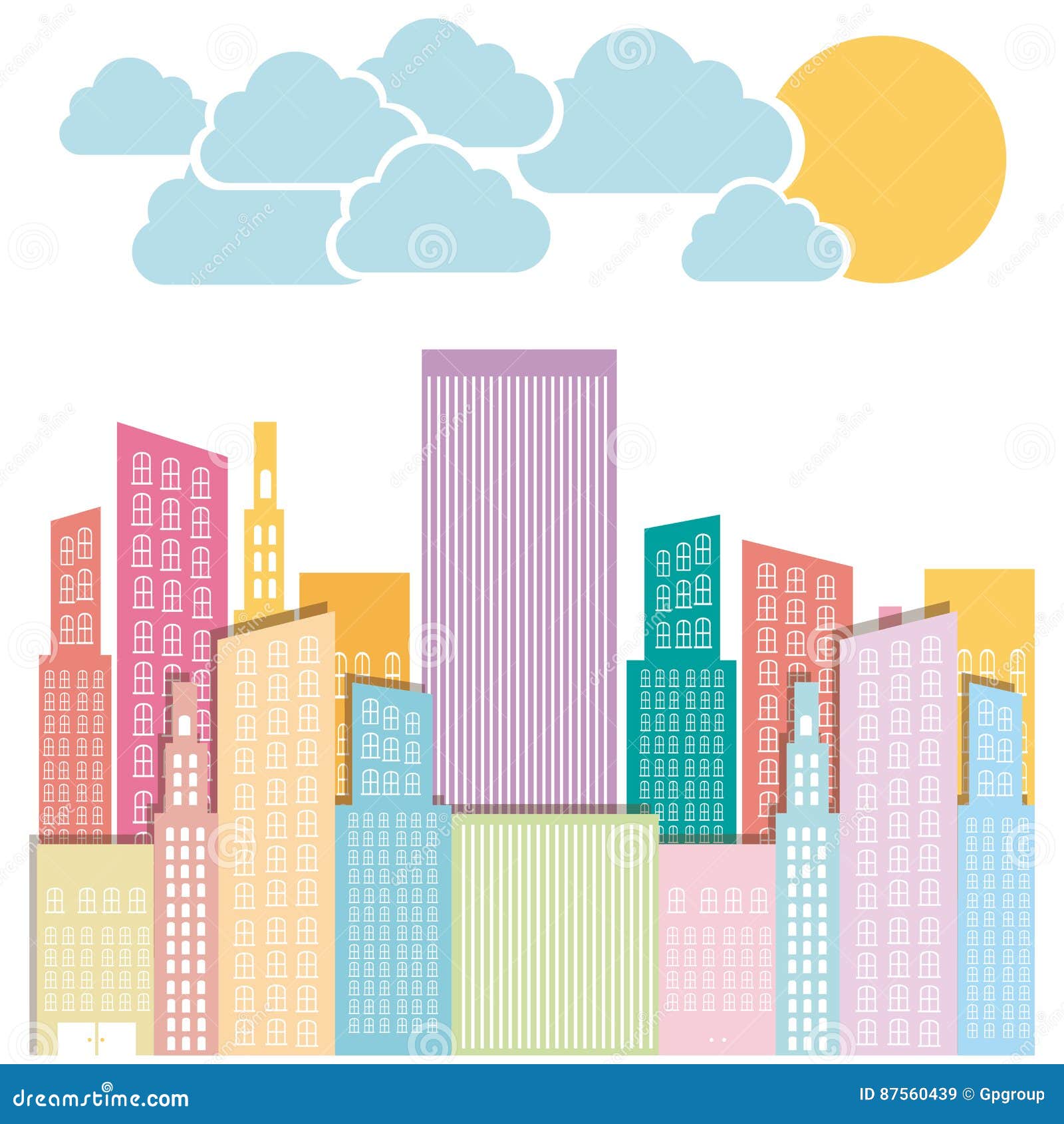 Color City Builds with Clouds and Sun Stock Illustration - Illustration ...