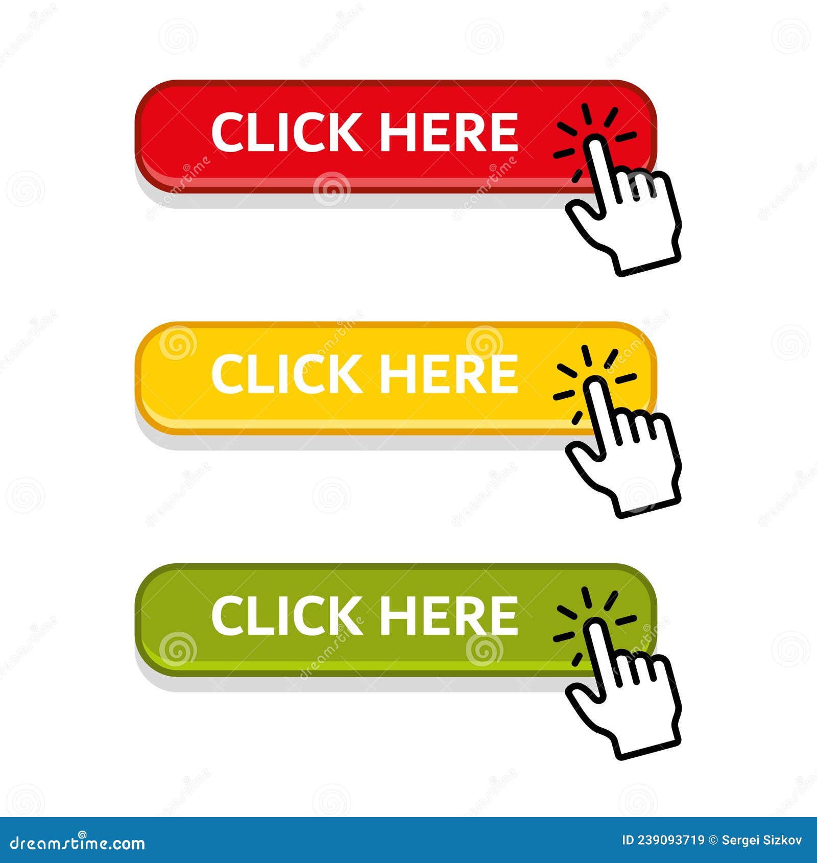 Color Click Here Button Set with Hand Pointer. Vector Stock Vector ...
