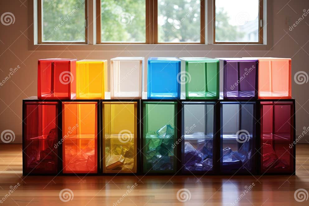 Color-coded Bins for Sorting Paper, Plastic, and Glass Stock Photo ...