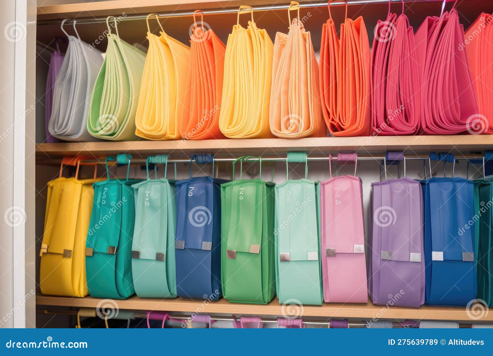Color-coded Hanging Organizers In A Classroom Closet Royalty-Free Stock ...