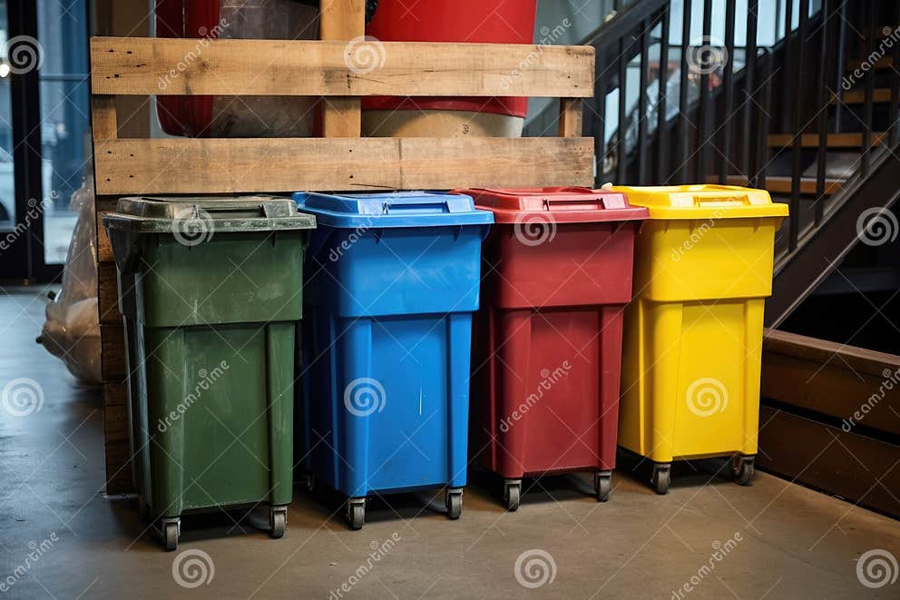 Color-coded Recycling Bins in a Garage Corner Stock Image - Image of ...