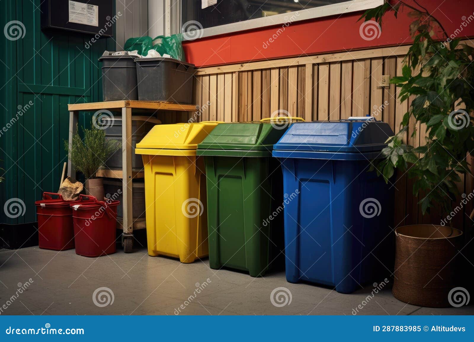Color-coded Recycling Bins in a Garage Corner Stock Illustration ...