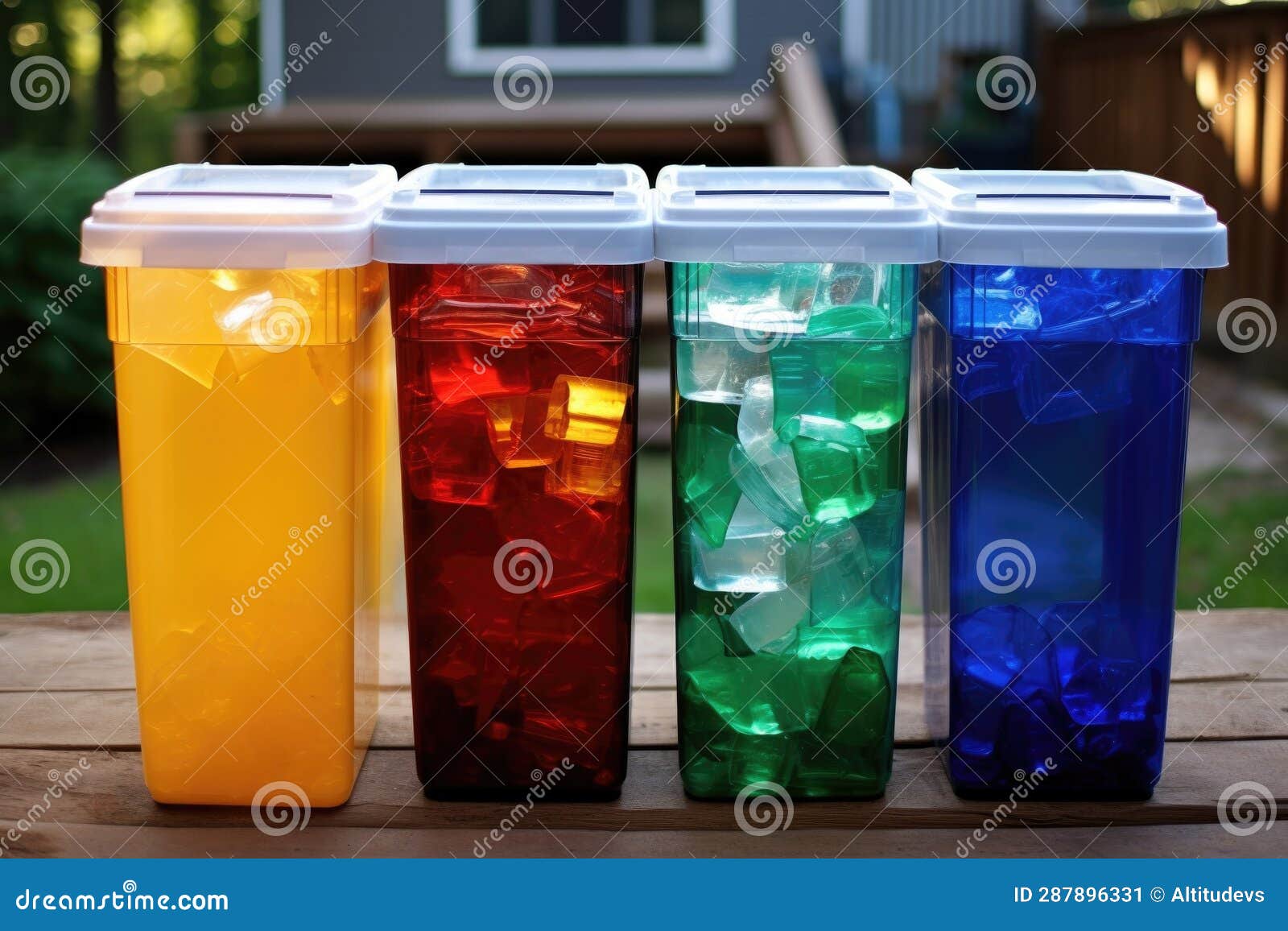 Color-coded Recycling Bins for Paper, Plastic, and Glass Stock ...