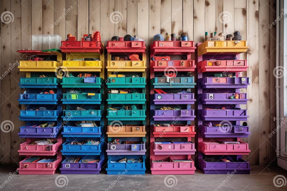 Color-coded Toolboxes on Shelves Stock Illustration - Illustration of ...