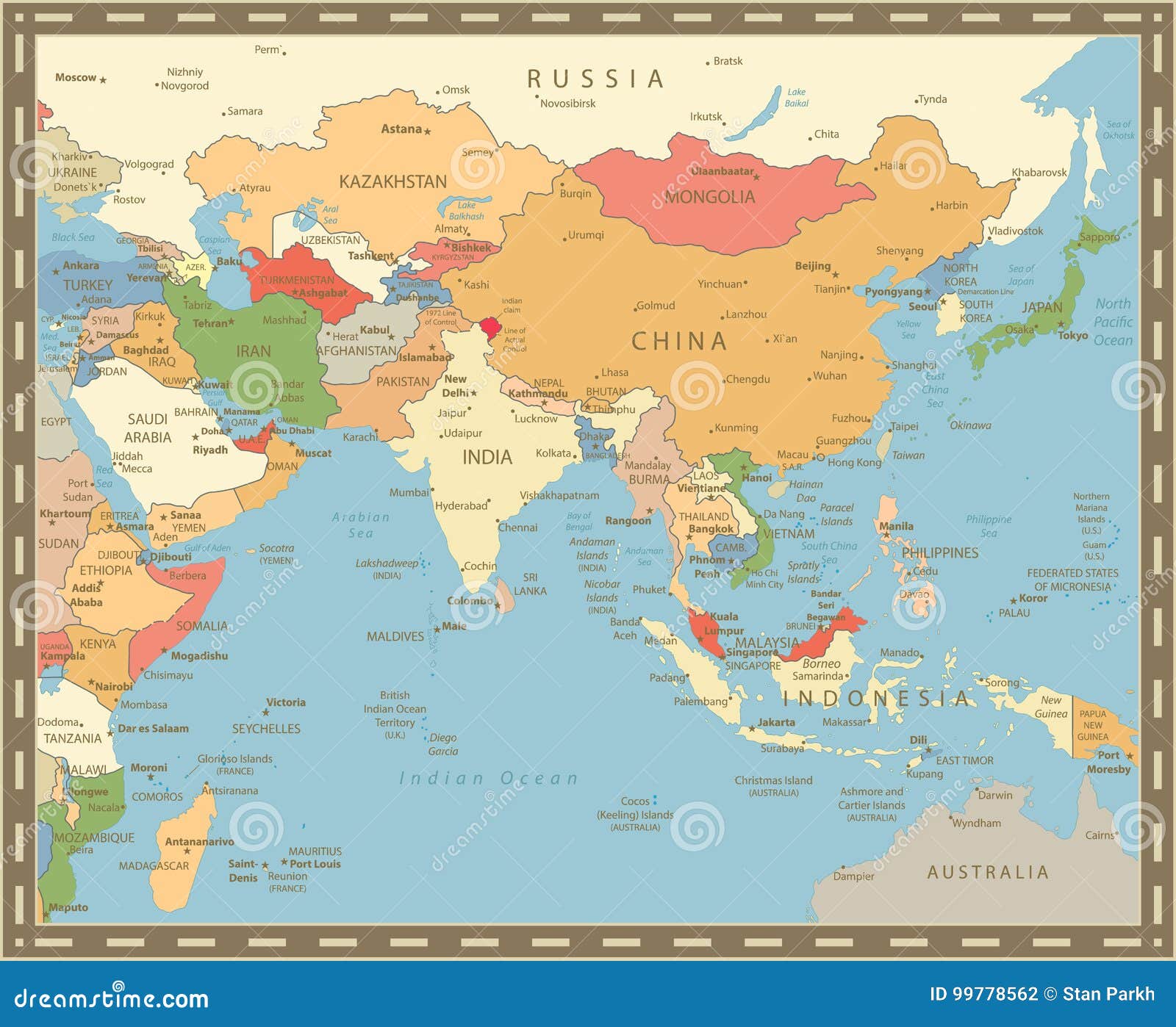 Color Del Vintage Del Mapa De Asia Del Sur Ilustración del Vector ...