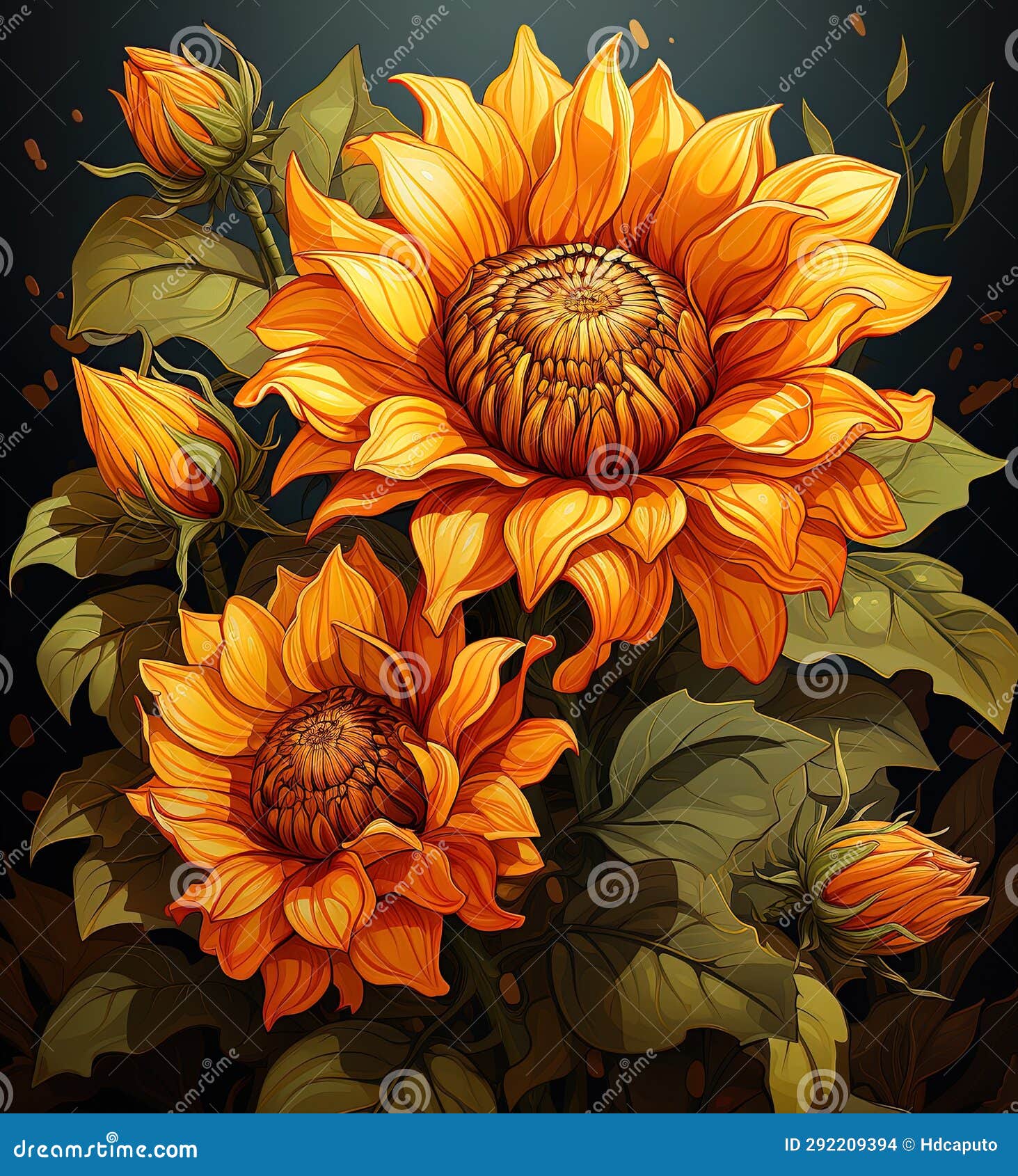 Color Drawing of a Large Sunflower Flower Stock Illustration ...