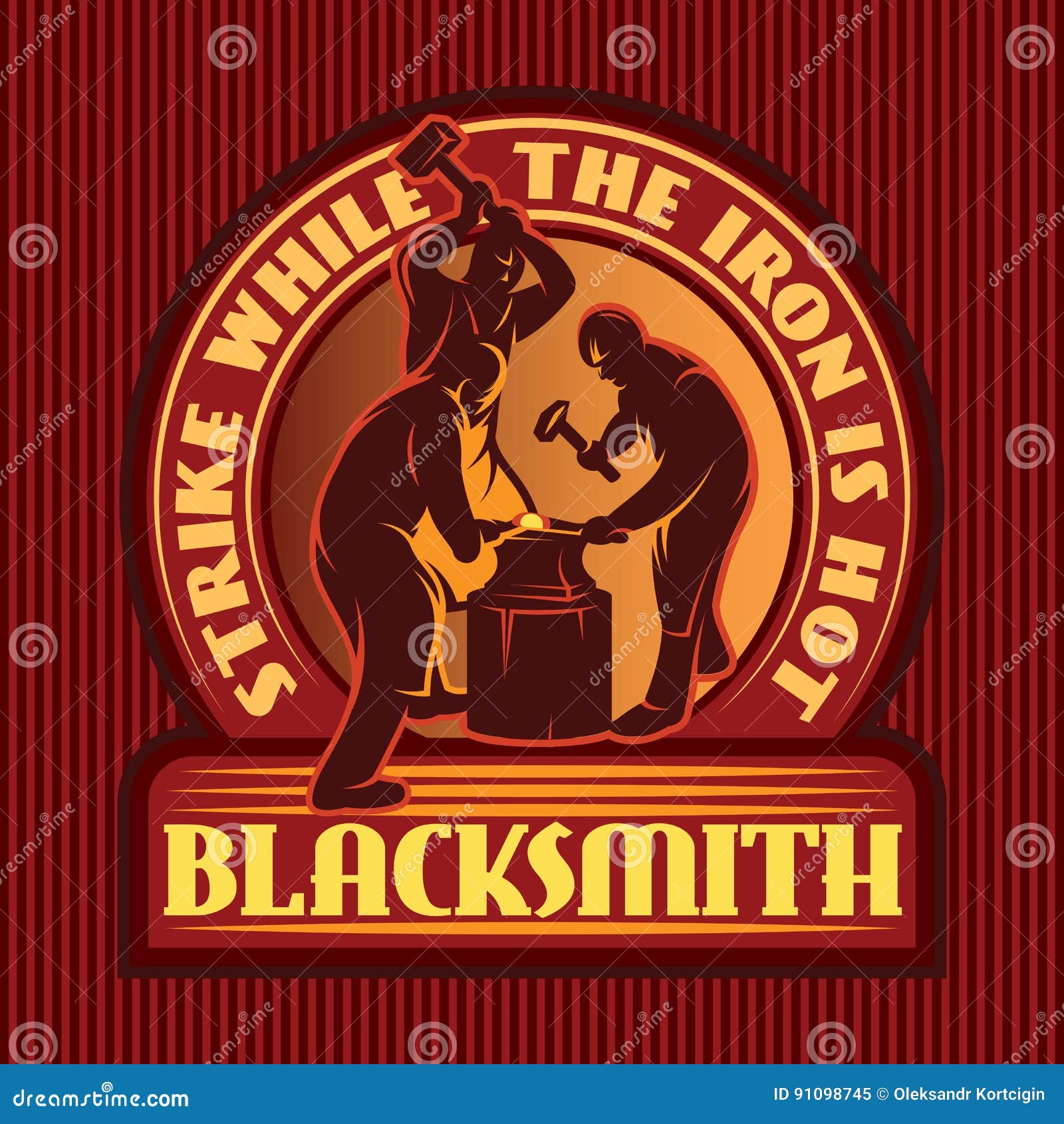 Color Emblem in Retro Style with Three Blacksmith Working in Smithy ...