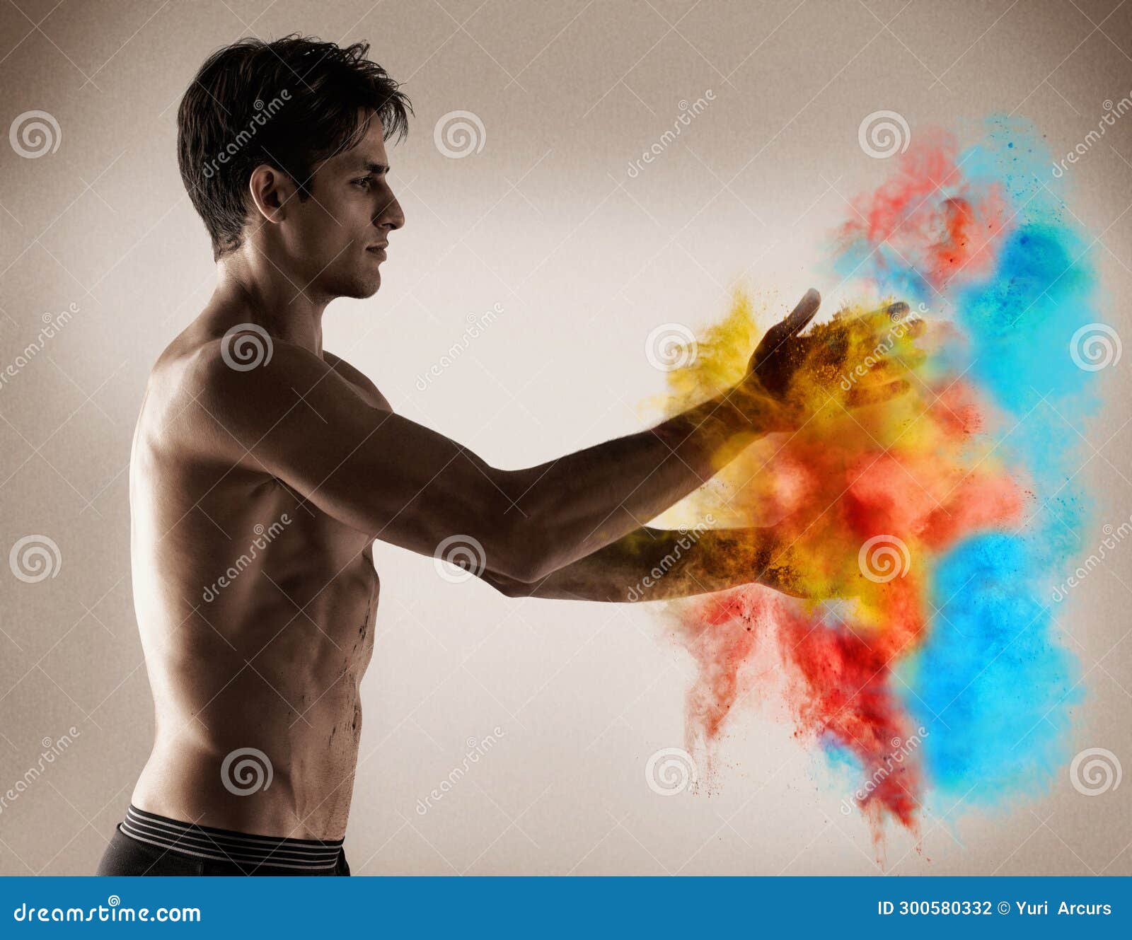 Color, Explosion and Man with Powder in Hands with Creativity ...