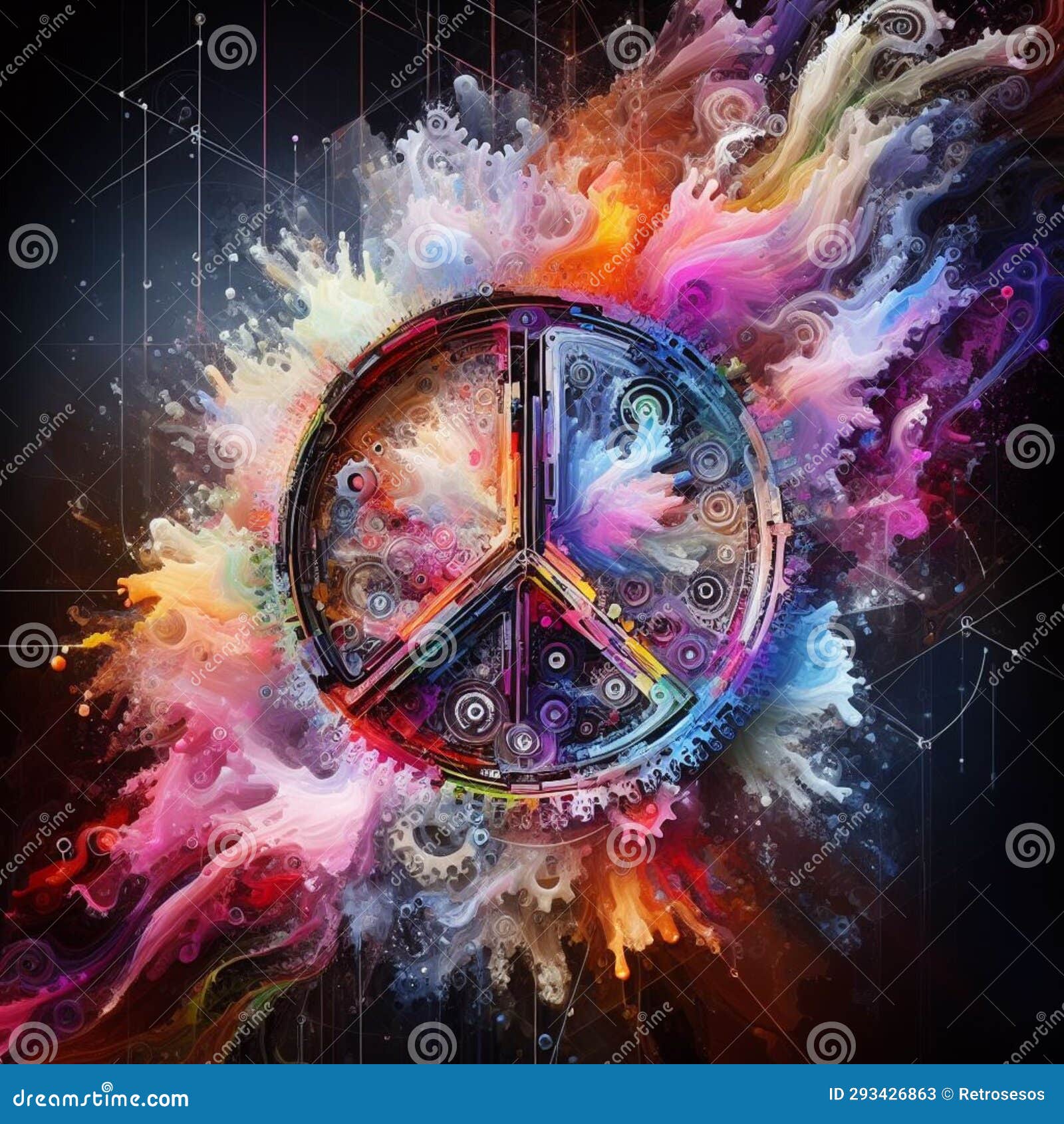 A Color Explosion of Paint Render a Steampunk Geared Poly Peace Symbol ...