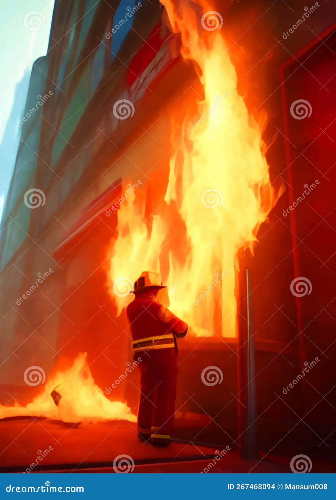 Fireman in fire building stock illustration. Illustration of helmet ...