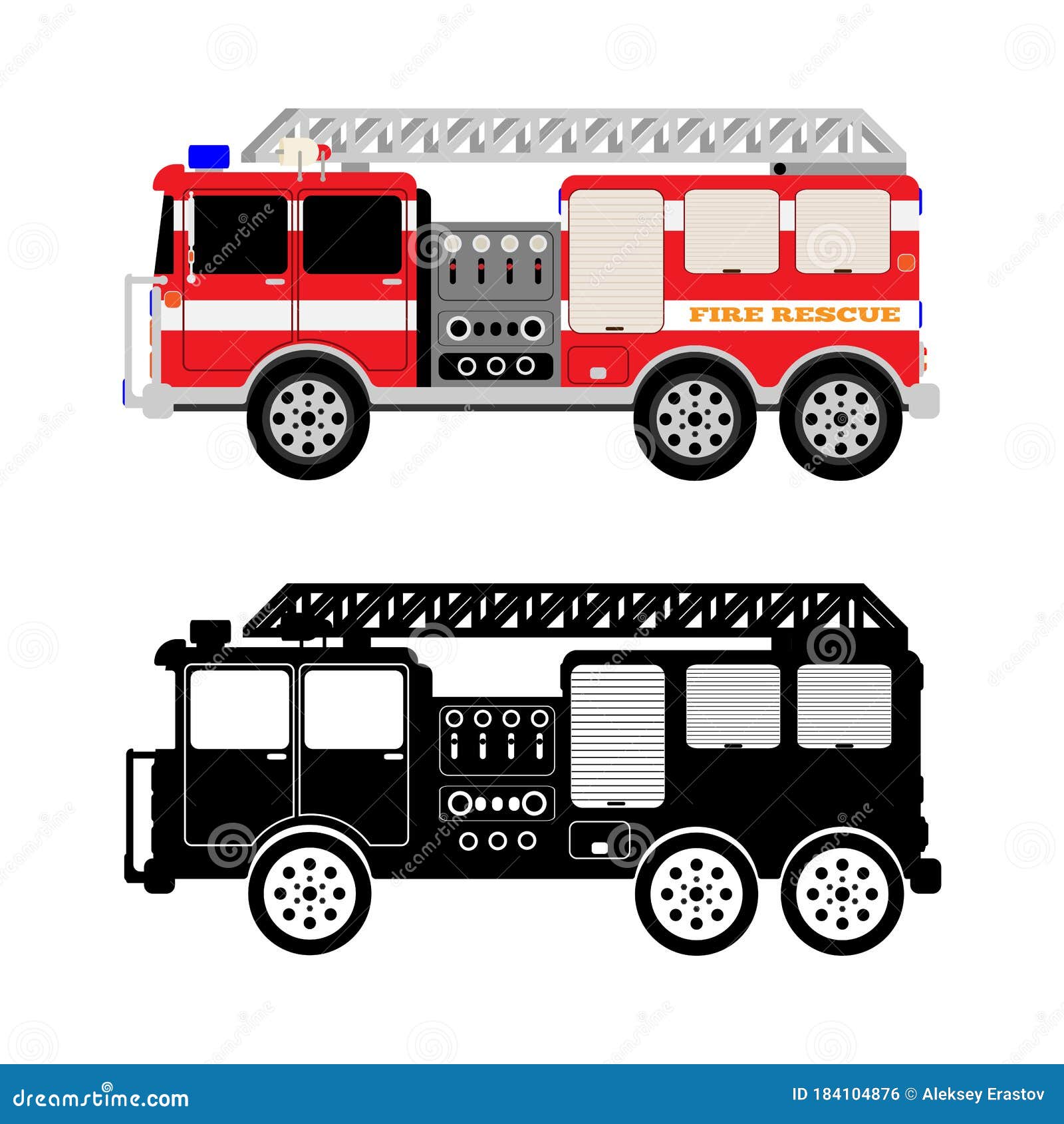 Color Flat Image and Black Silhouette of a Fire Engine. Symbol, Icon ...