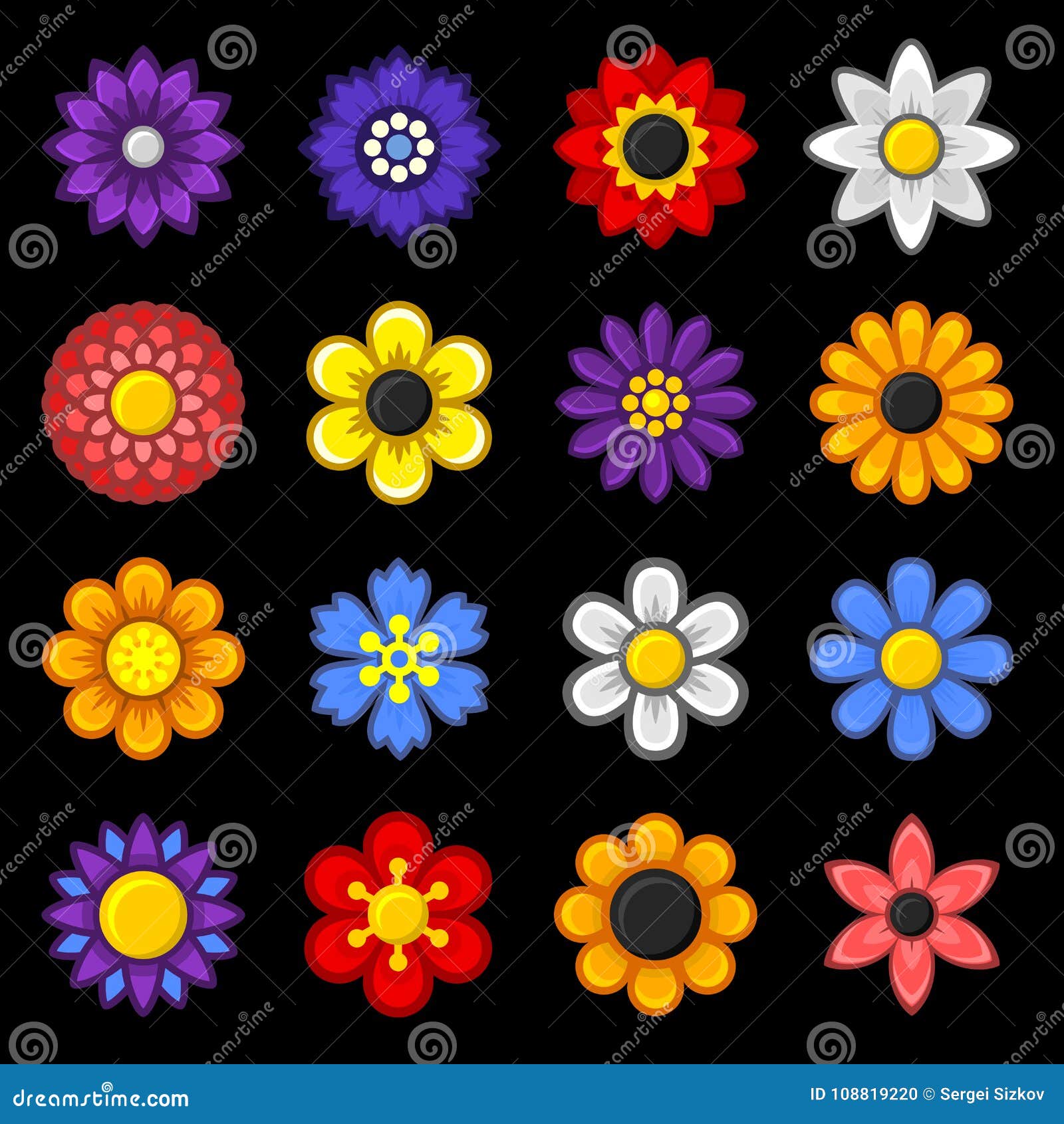 Color Flower Icons Set on Black Background. Vector Stock Vector ...