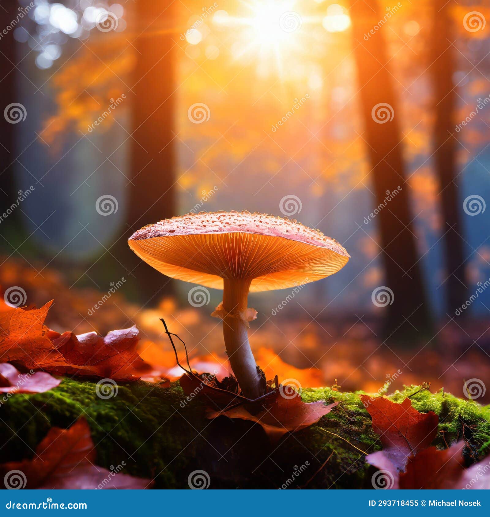 Color Fungus in Forest with Mountains and Sunset Stock Image - Image of ...