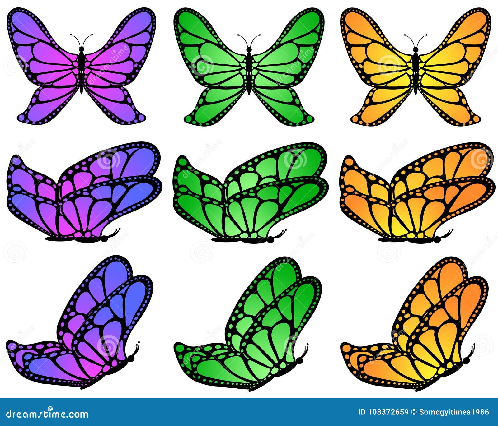 Color Gradient Patterned Butterfly Set. Stock Image - Illustration of ...