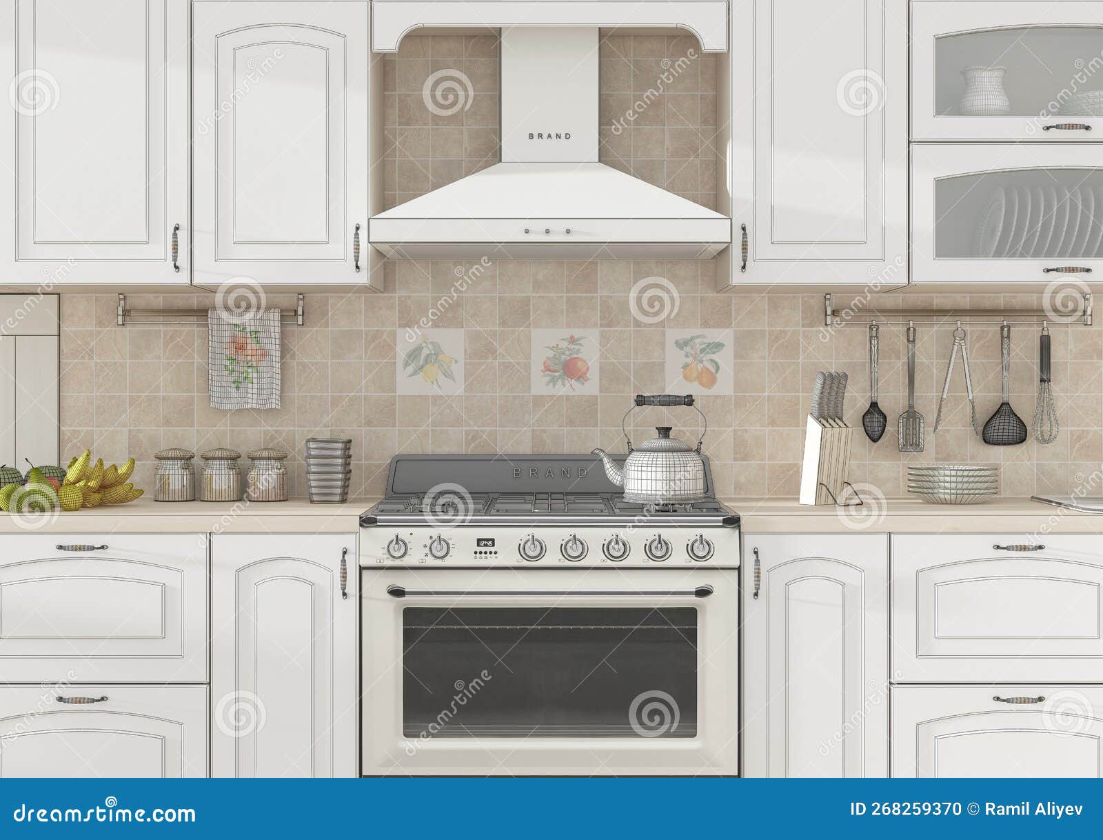 Kitchen Interior Color Grid 3D Rendering Stock Illustration ...