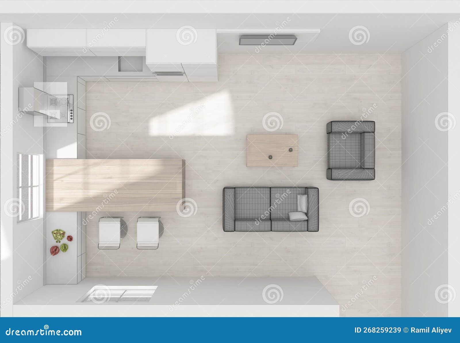 Kitchen Interior Top View Color Grid 3D Rendering Stock Illustration ...