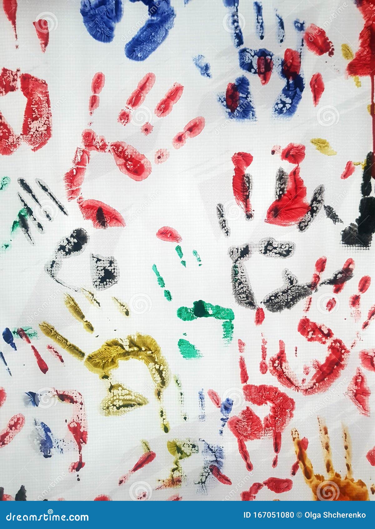 Color Hand Prints on the White Wall Stock Photo - Image of concept ...