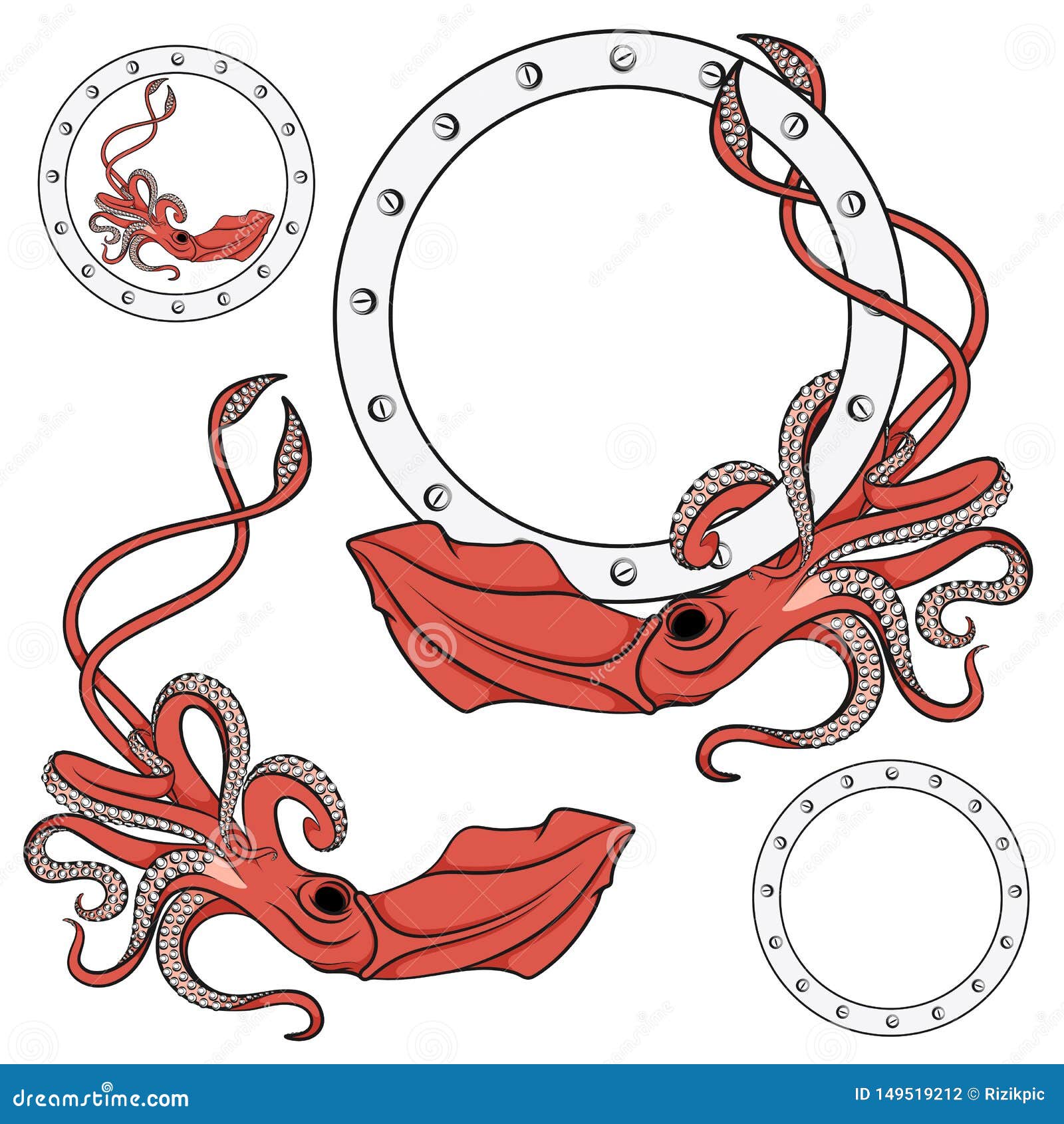 Color Illustration with the Image of a Red Squid. Set of Vector ...