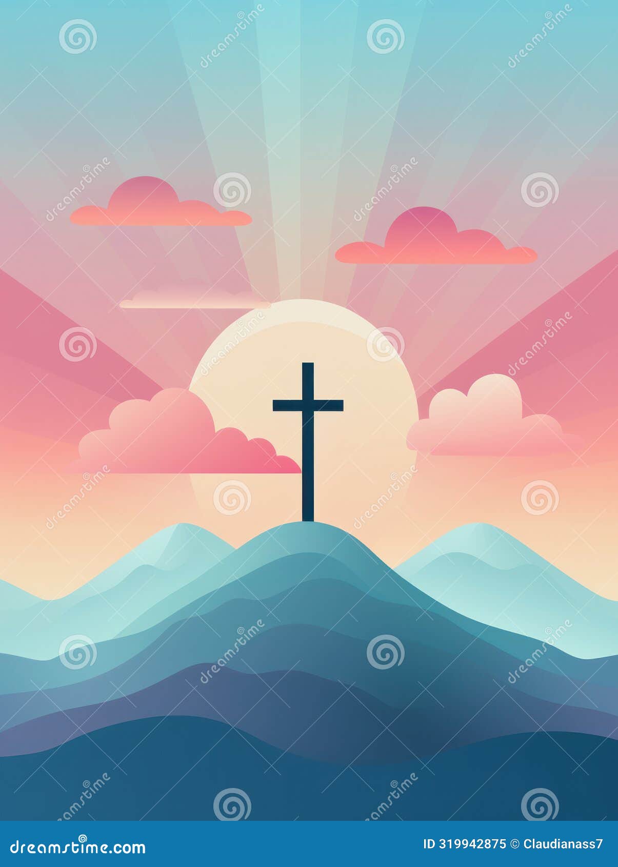Color Illustration of a Simple Cross Silhouette on a Mountain in Front ...